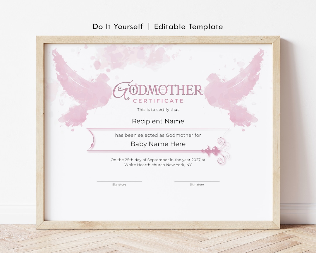 Editable Godmother Certificate Template Godparents Baptism Keepsake ...