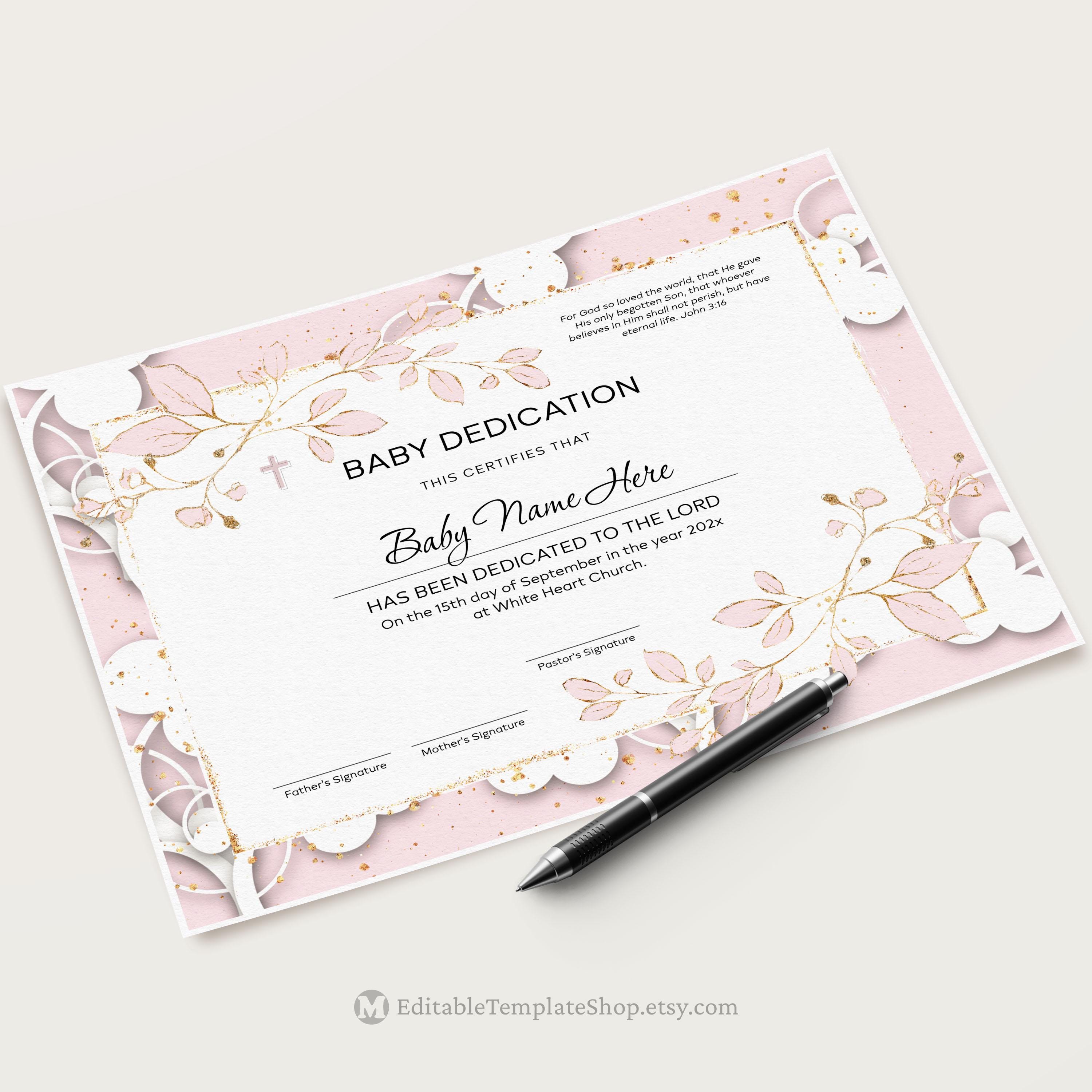 Baby Dedication Certificate Template, Girl Baptism Baby Christening ...