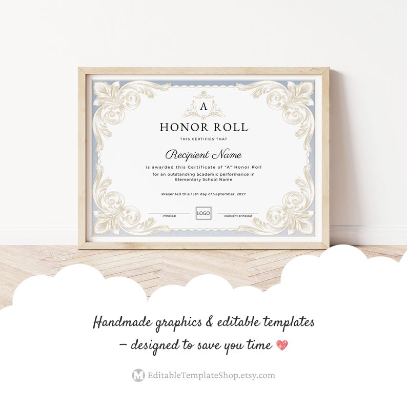 Editable Honor Roll Certificate Template, Elementary School Student ...