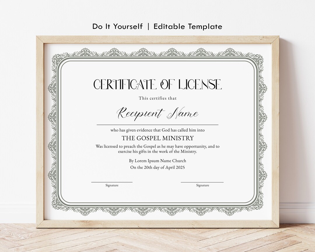 Editable License to Preach Template, Printable Certificate of License ...
