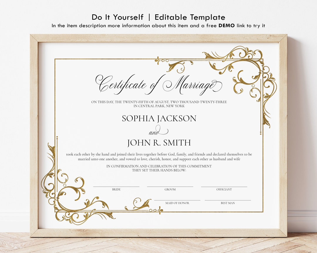 Editable Certificate of Marriage, Wedding Keepsake Certificate Template ...