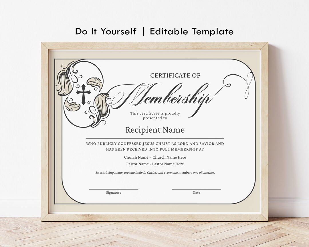 Church Membership Certificate Template, Editable Printable Certificate ...