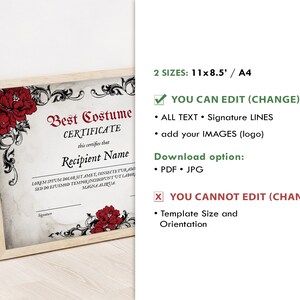 Editable Gothic Halloween Best Costume Certificate Template - Etsy