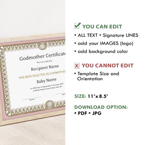 Godmother Certificate Template, Custom Gift for Godmother, EDITABLE ...
