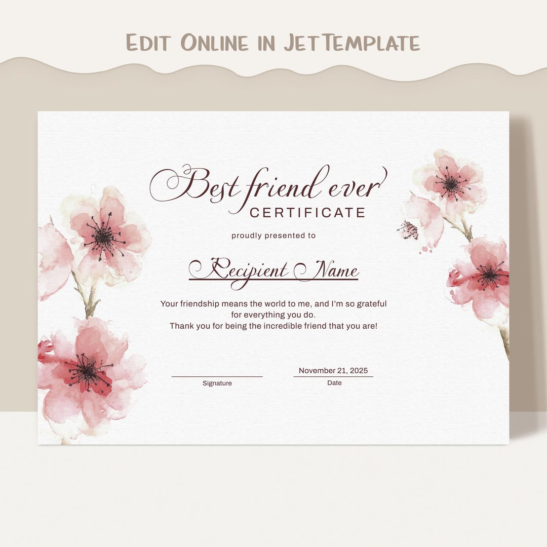 Editable Best Friend Forever Certificate Template, Personalized Gift ...