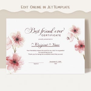 Editable Best Friend Forever Certificate Template, Personalized Gift ...