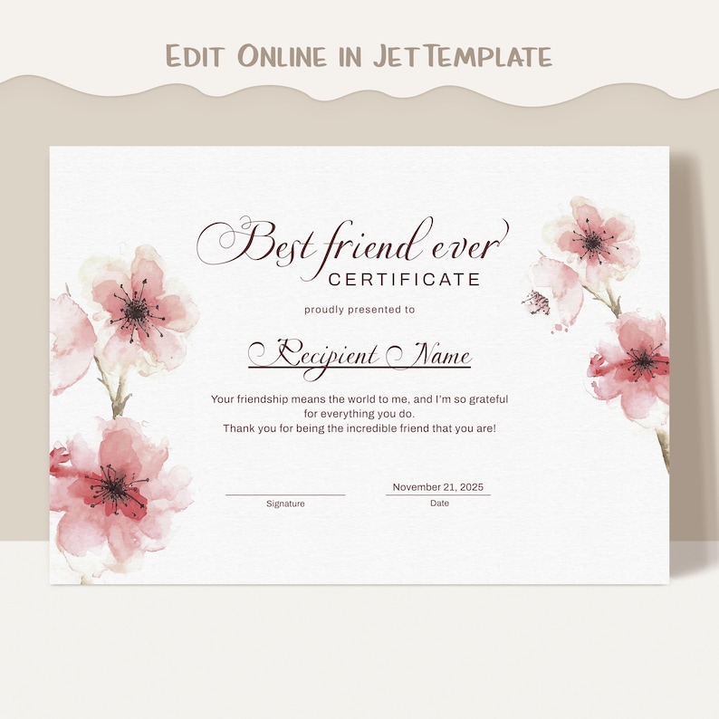 Editable Best Friend Forever Certificate Template, Personalized Gift ...