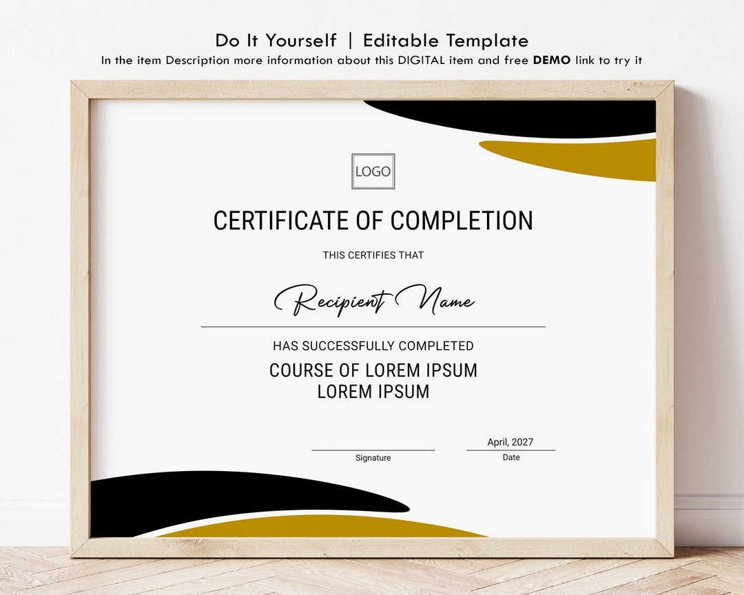 Modern Editable Certificate of Completion, Minimalist Course Training ...