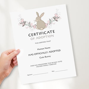 EDITABLE Bunny Adoption Certificate Template, Rabbit Owner's ...