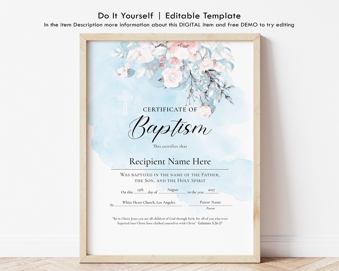 Editable Baptism Certificate Template, Printable Certificate of Baptism ...