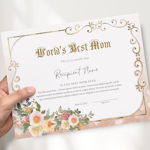 Editable Best Mom Certificate Template Mother's Day Certificate Best ...