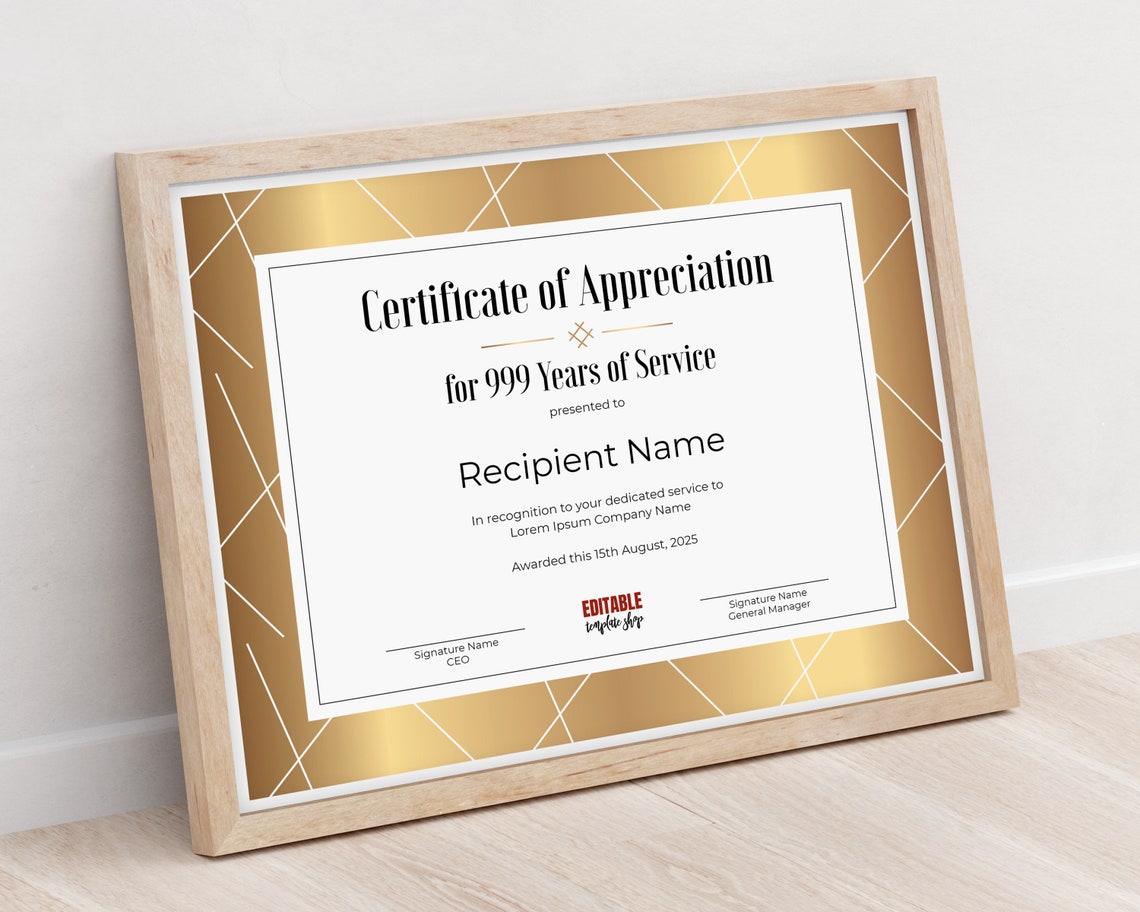 Certificate of Appreciation for Years of Service Printable - Etsy