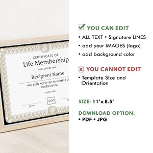Life Membership Certificate Template, Editable Printable Elegant ...