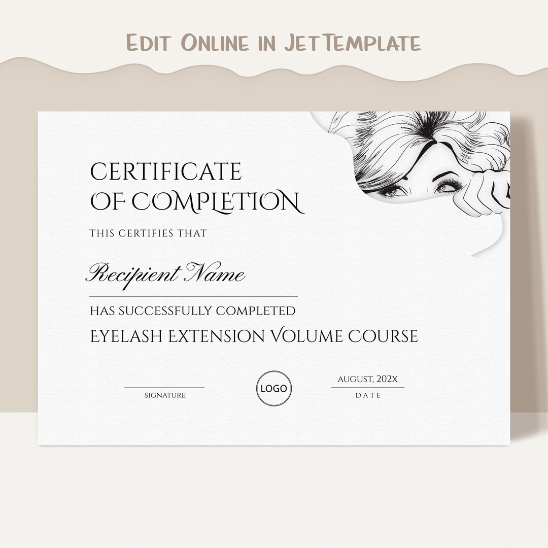 Editable Lash Certificate of Completion, Printable Certificate Template ...