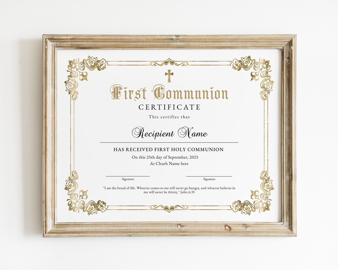 First Communion Certificate Template Editable Printable Gold - Etsy