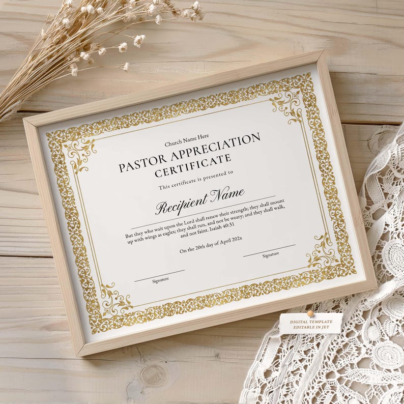 Pastor Appreciation Certificate Template, Editable Certificate of ...