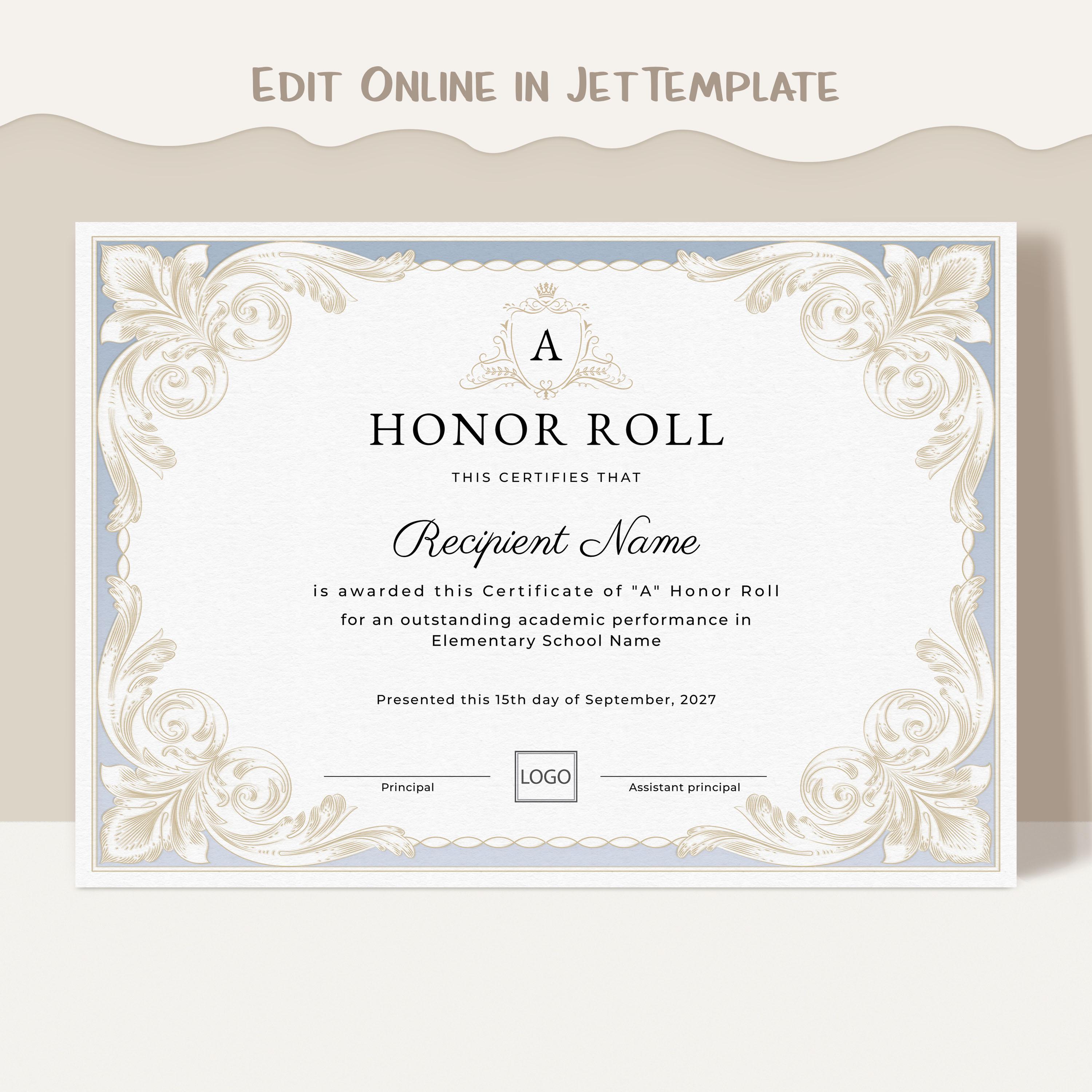 Editable Honor Roll Certificate Template, Elementary School Student ...