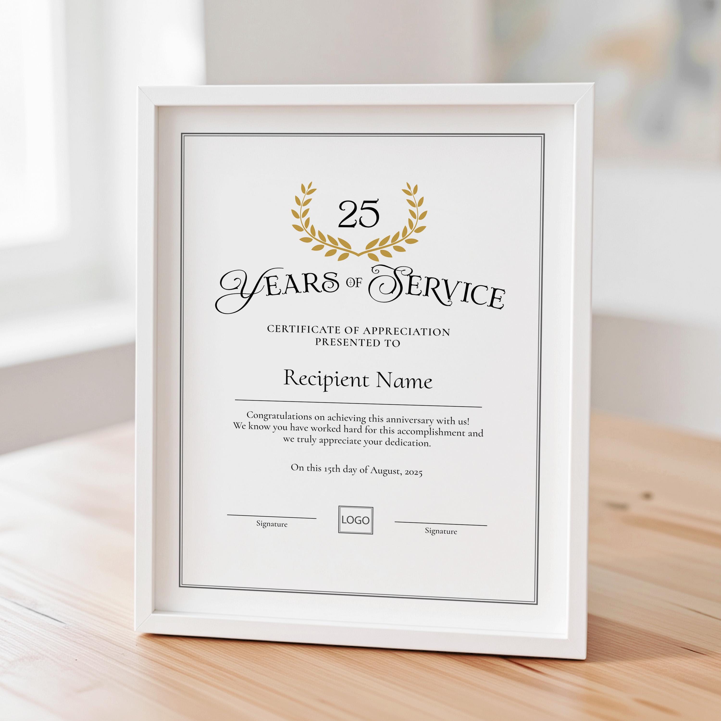 25 Years of Service Anniversary Award Certificate of Appreciation ...