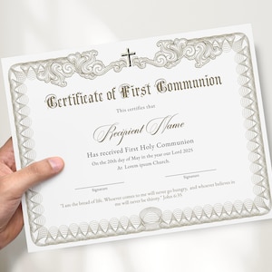 First Communion Certificate Template Editable Printable Certificate of ...