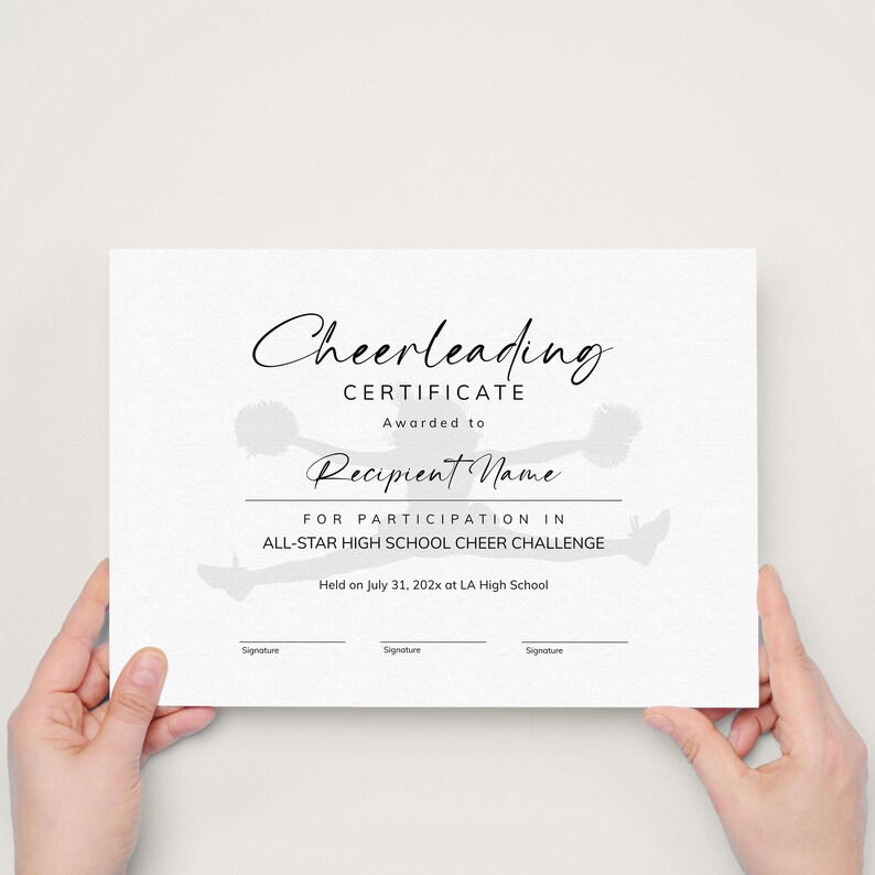 Cheerleading Participation Certificate Template, Editable Printable ...