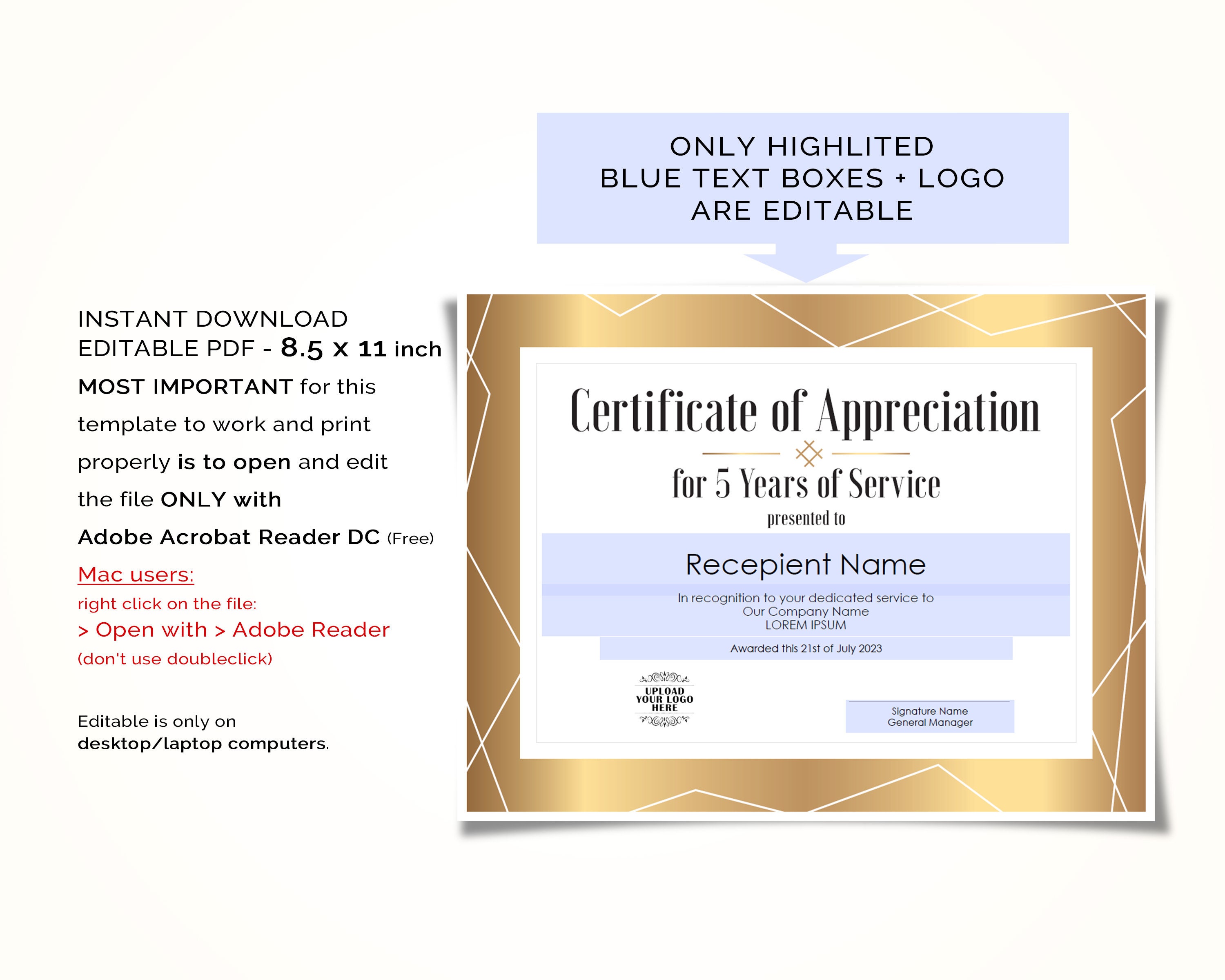 5 Years of Service EDITABLE Certificate of Appreciation | Etsy 5 Years of Service EDITABLE Certificate of Appreciation | Etsy