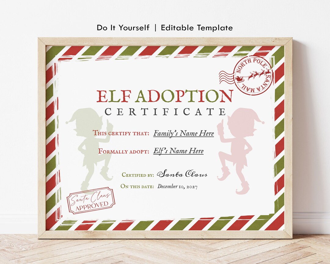 Elf Adoption Certificate Template, Editable Christmas Elf Certificate ...