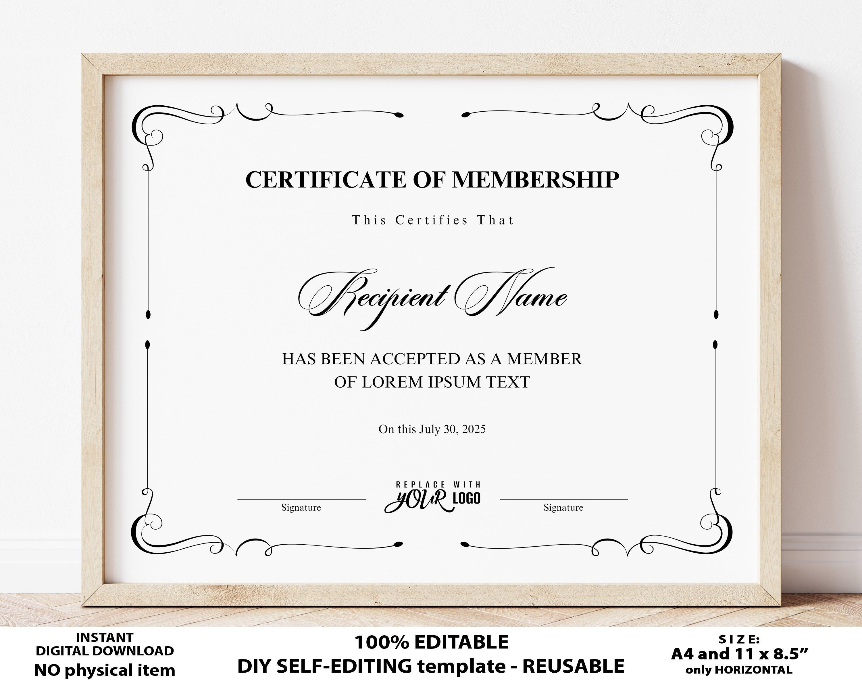 EDITABLE Membership Certificate Template Minimalist - Etsy