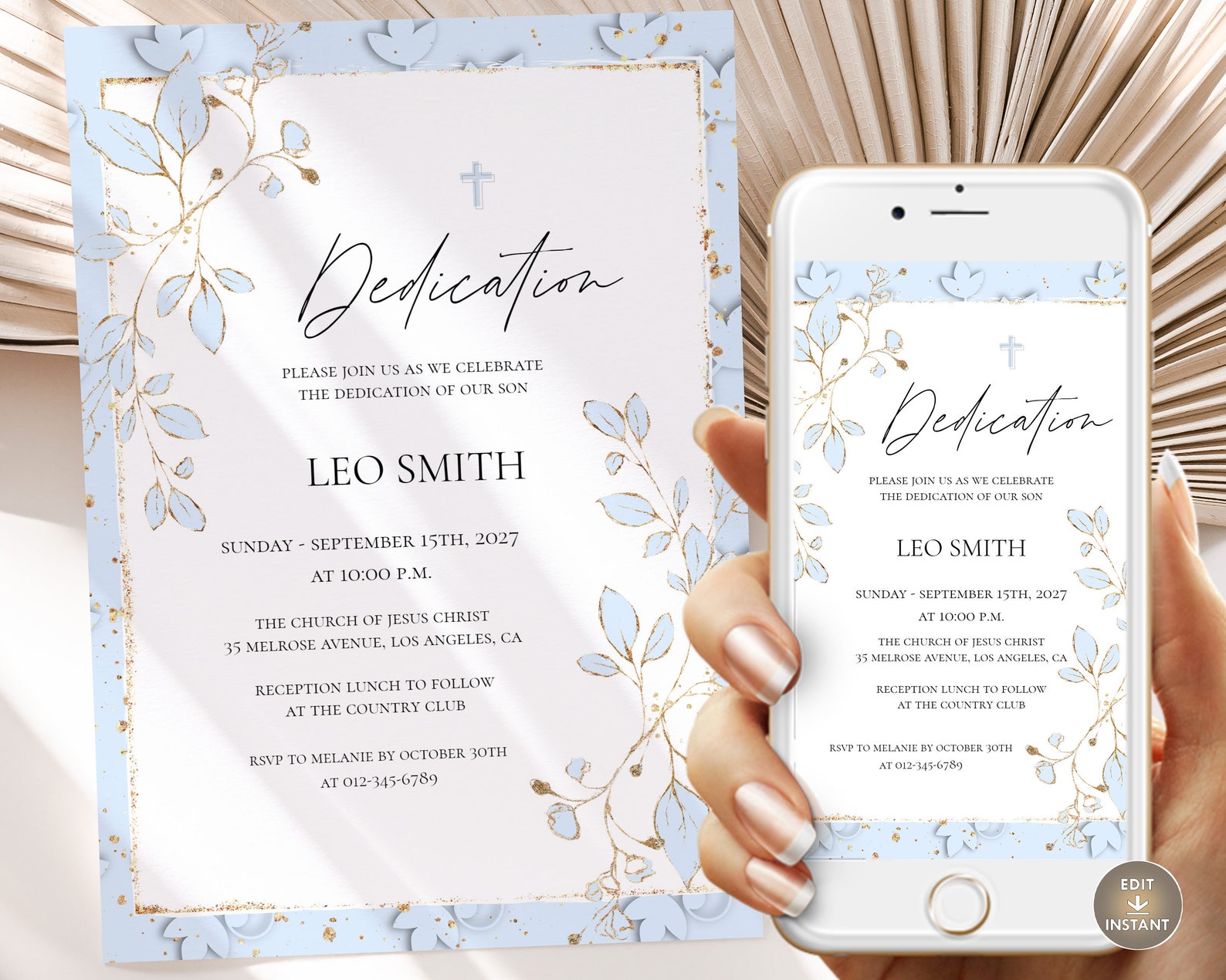 Dedication Invitation Template, Baptism Invitation, Gold Blue Baptism ...