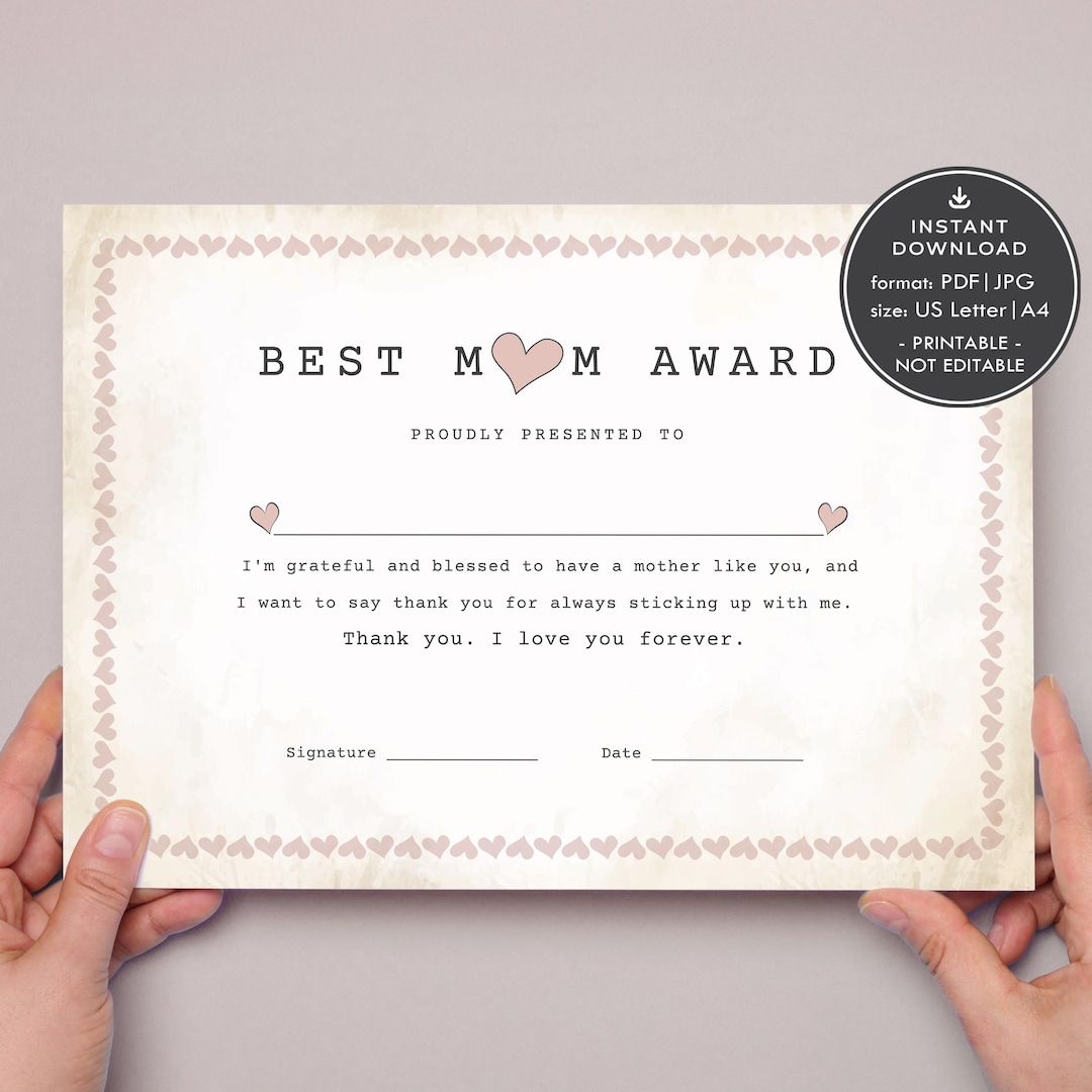 Printable Best Mom Award Certificate Mother’s Day Gift Award for Mom ...
