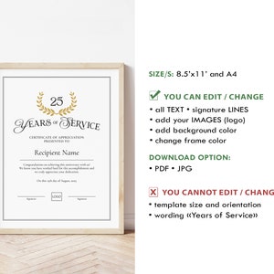 25 Years of Service Anniversary Award Certificate of Appreciation ...