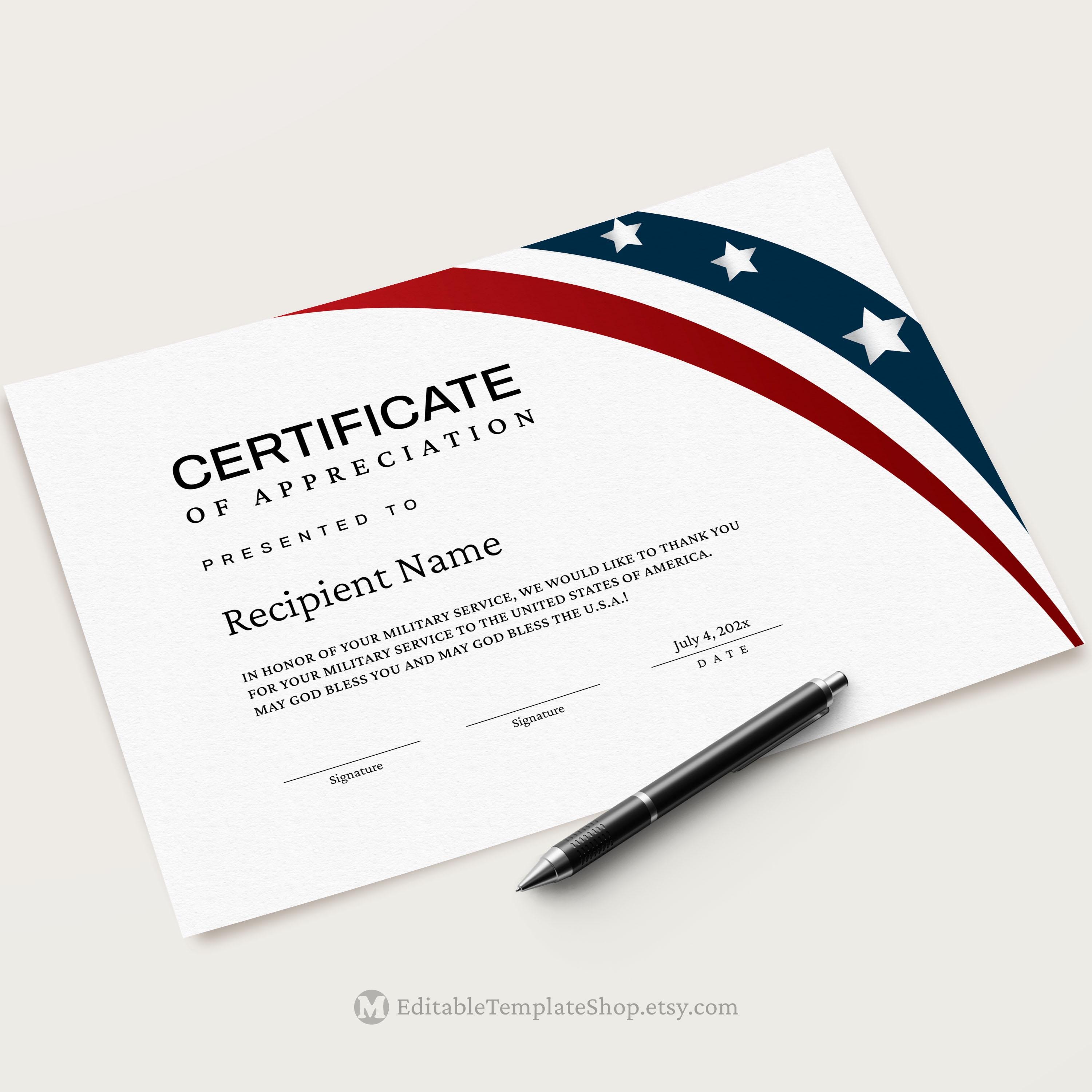 Military Service Appreciation Certificate American USA Flag Veteran's ...