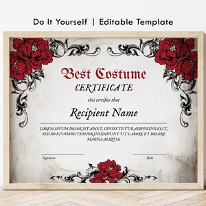 Editable Gothic Halloween Best Costume Certificate Template - Etsy
