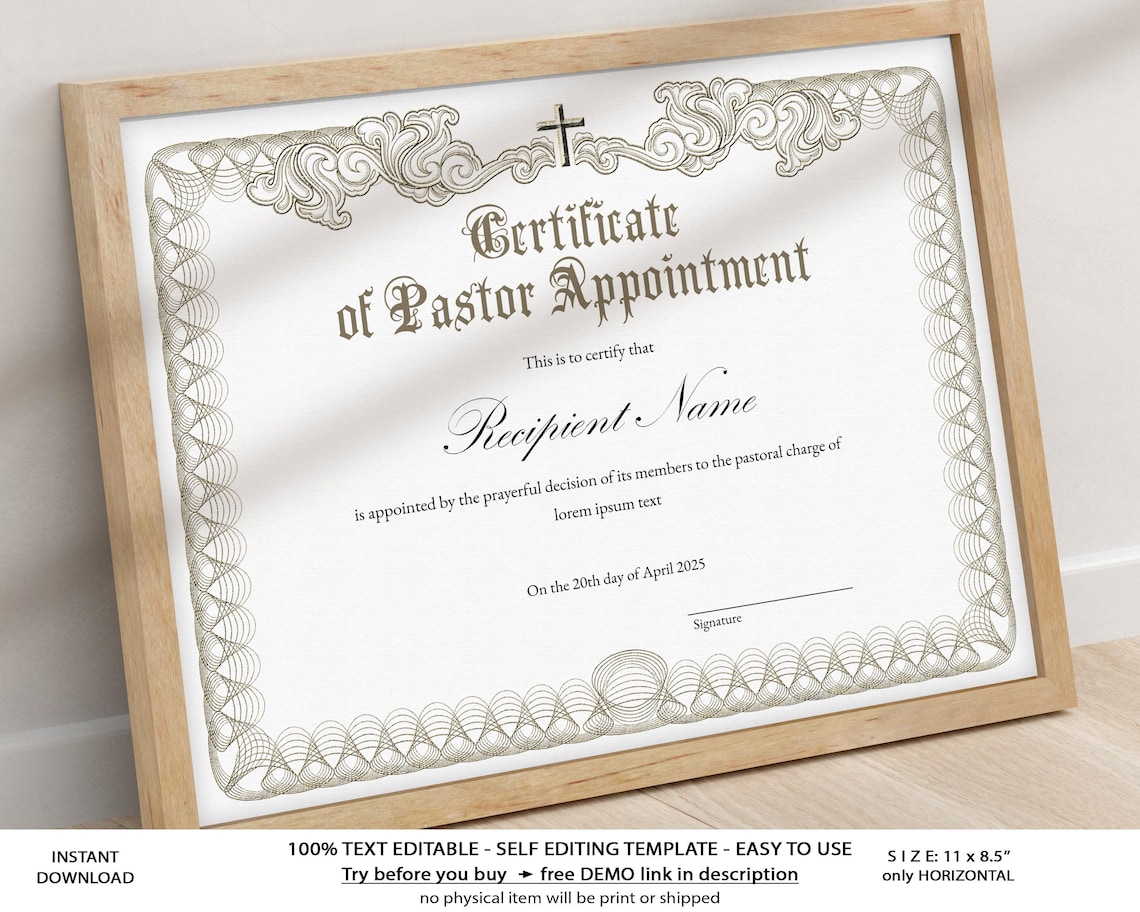 Editable Pastor Appointment Certificate Template Printable | Etsy