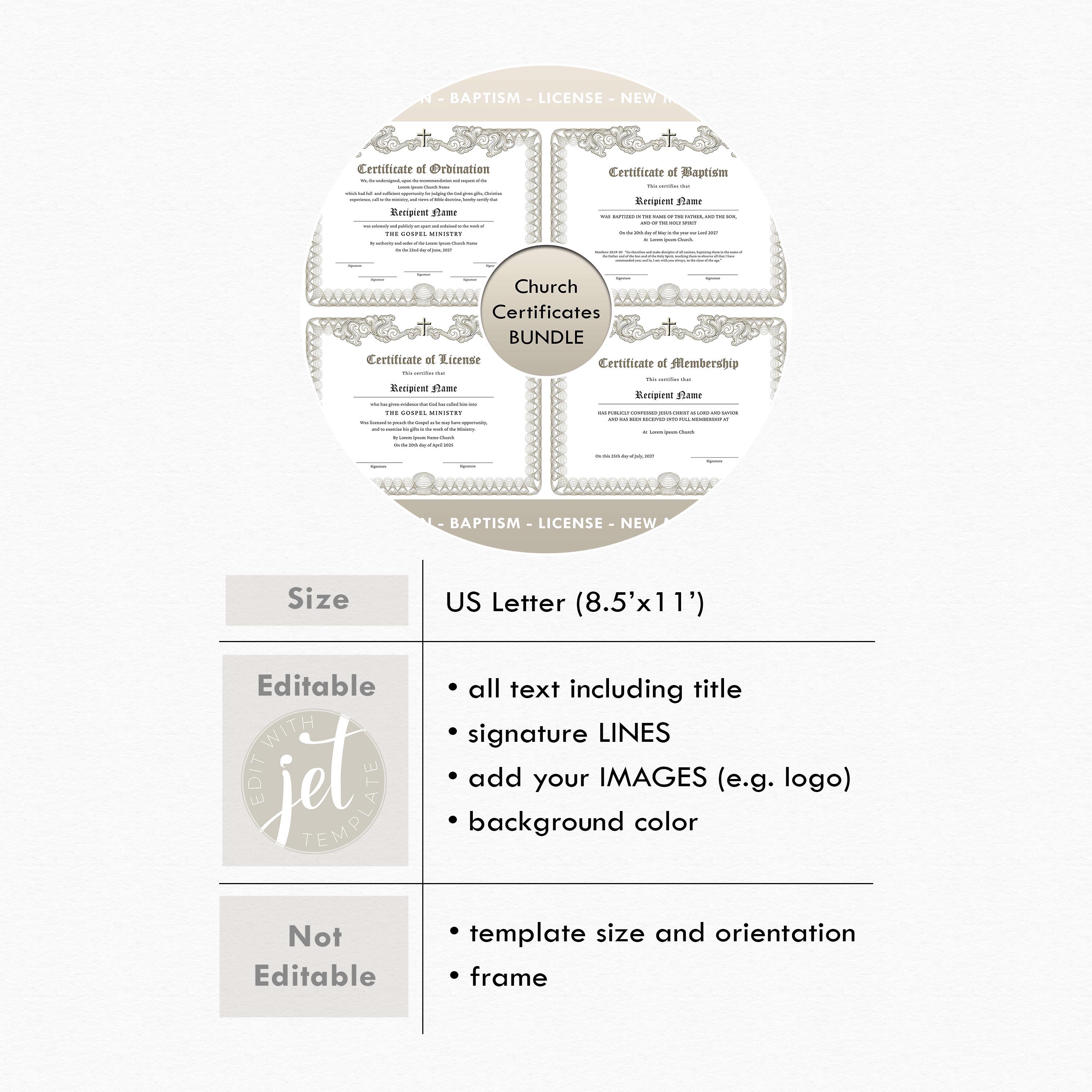 Editable Church Certificates, Ordination, License, Baptism, Church ...