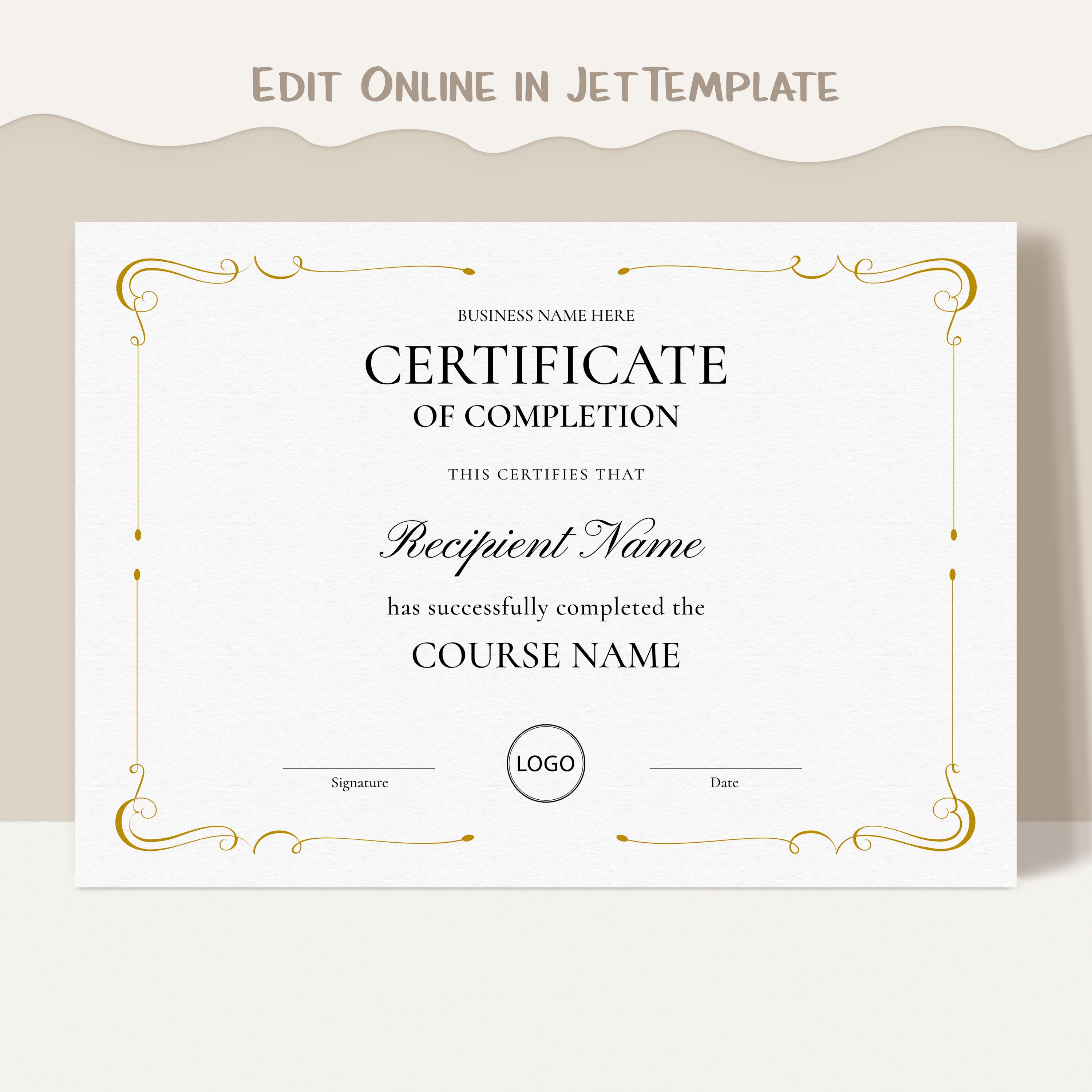 Certificate of Completion, Course Completion Template, EDITABLE ...