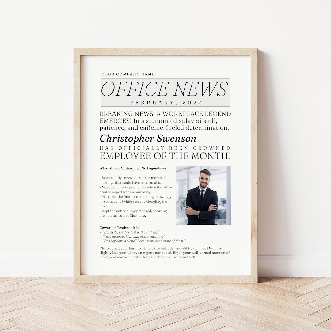 Employee of the Month Newspaper Editable Template, Funny Printable ...