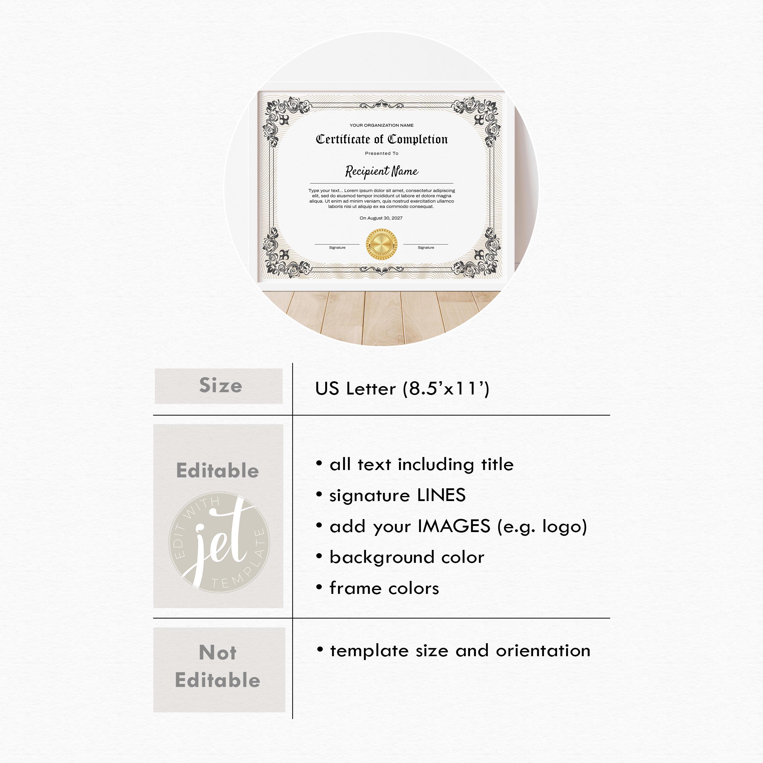 Editable Certificate of Completion Template, Printable Completion ...