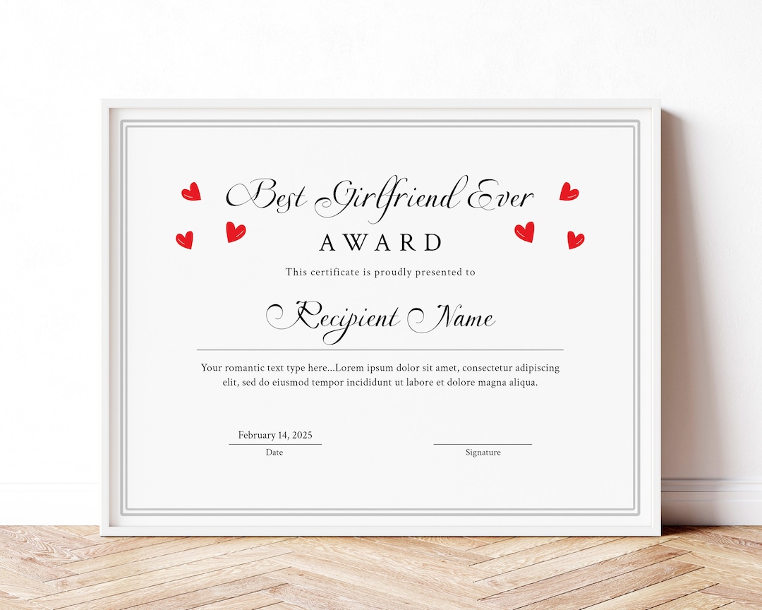Valentines Day Best Girlfriend Ever Award Certificate Template ...