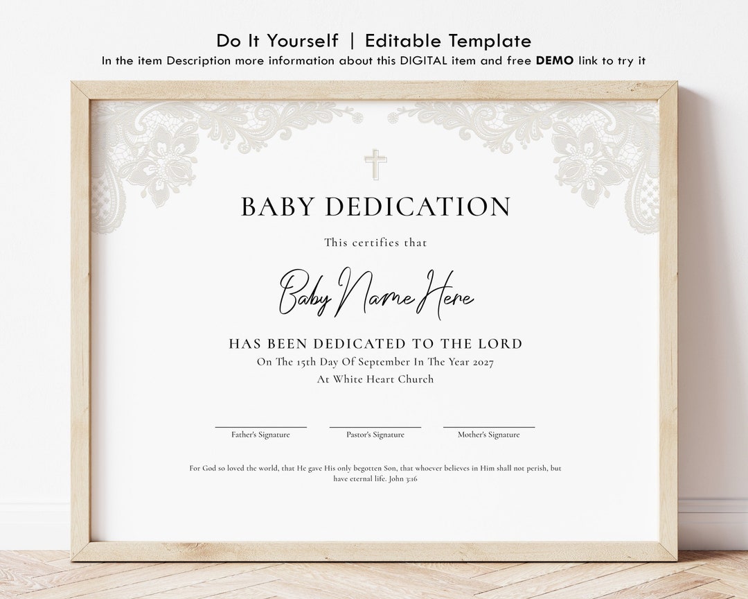 Baby Dedication Certificate Template, Minimalist Baptism Baby ...