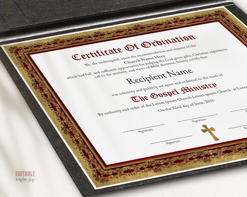 Editable Ordination Certificate Template, Credential of Ministry ...