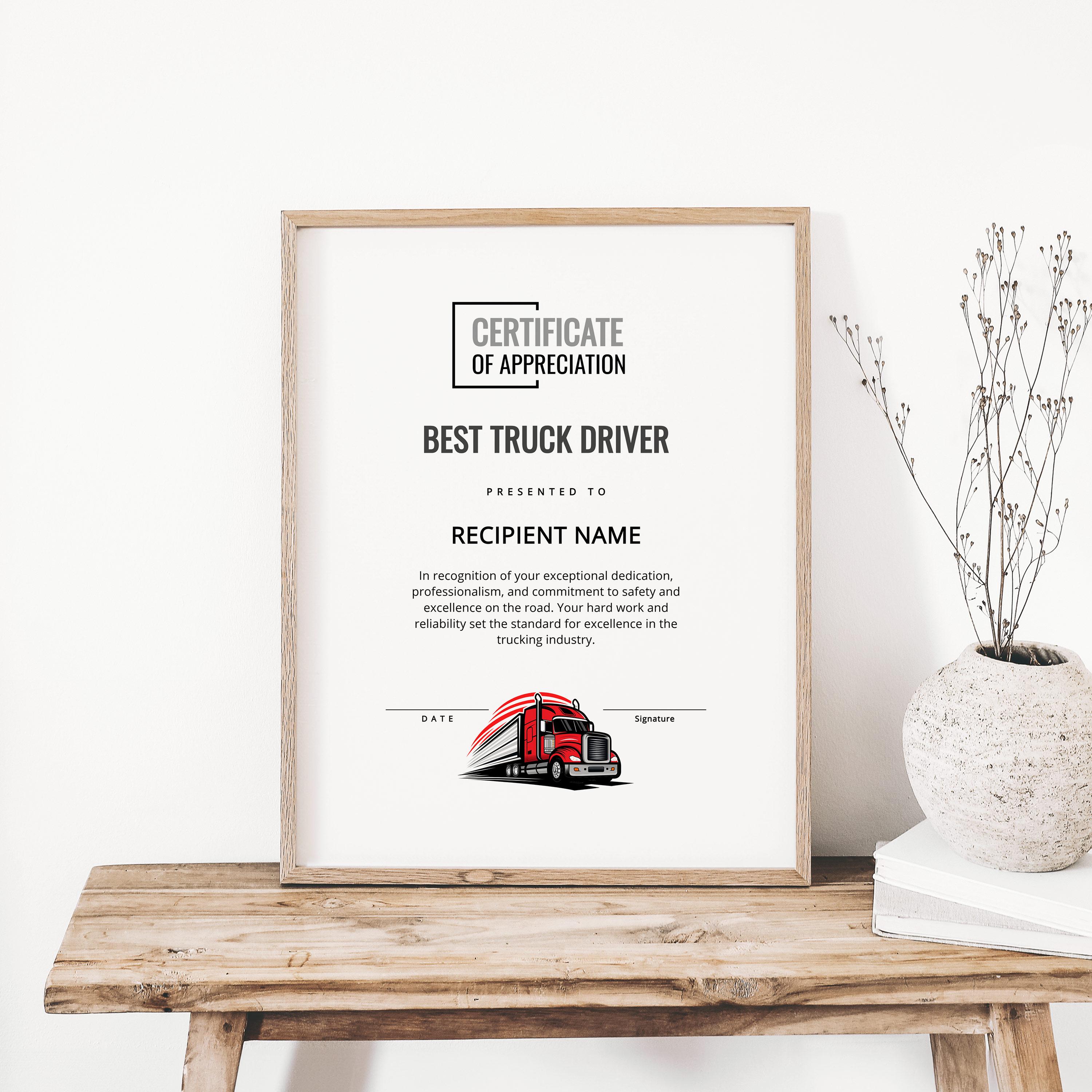 Editable Truck Driver Award Certificate, Truck Driving Award, Gift for ...