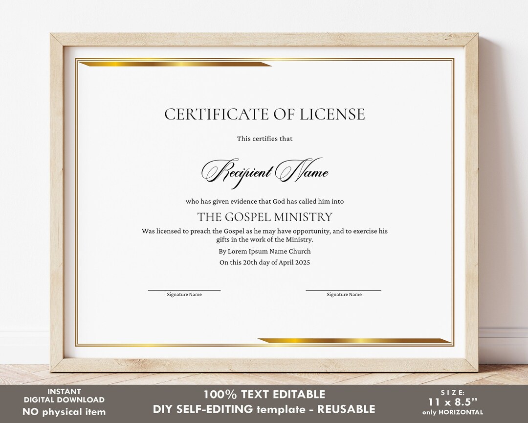 License to Preach Template, Printable Certificate of License, Minister ...