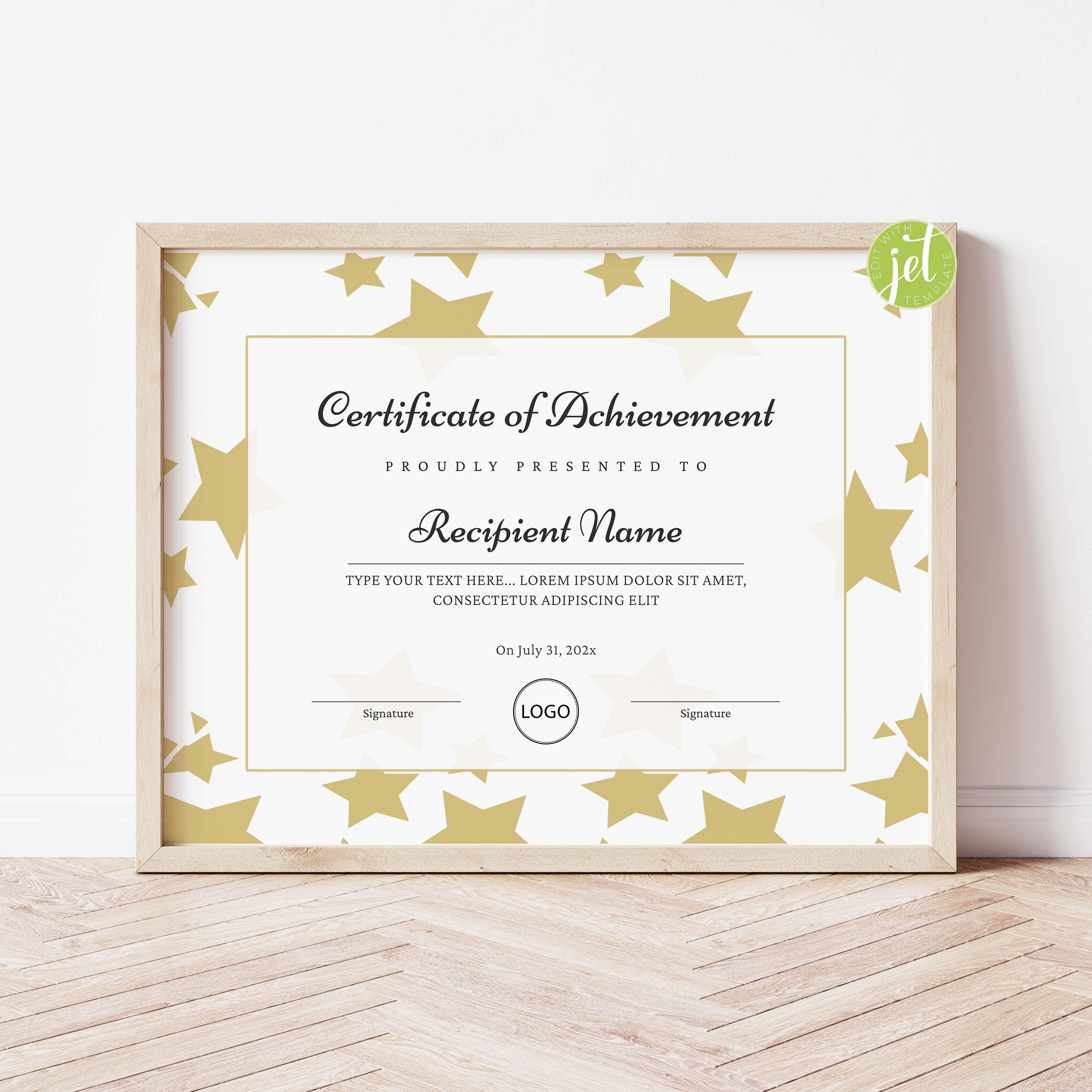 Editable Stars Award Certificate Template, Printable Achievement ...