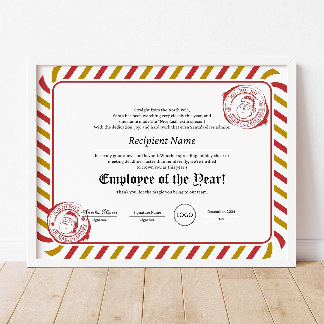 Editable Employee of the Year Certificate Template, Santa Claus Fun ...