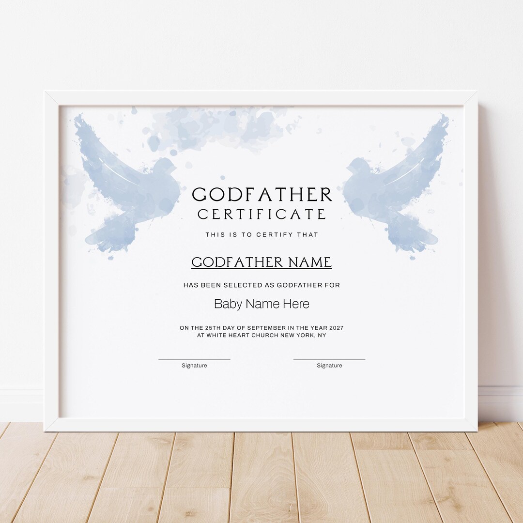Godfather Certificate Template Editable Printable Baptism Keepsake ...
