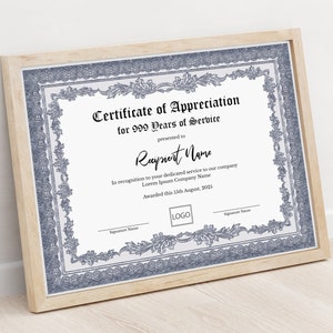 Years of Service Certificate of Appreciation Template - Etsy