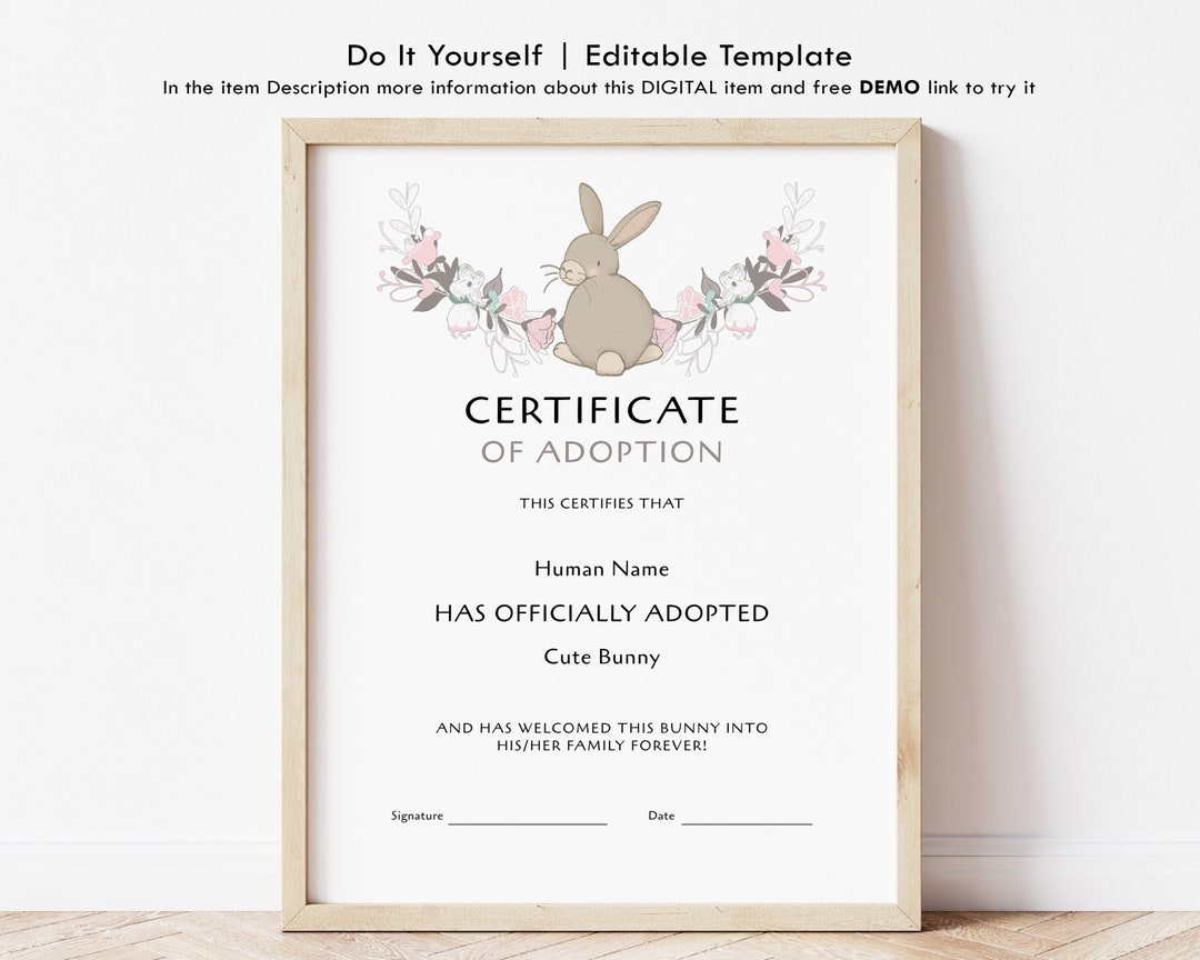 EDITABLE Bunny Adoption Certificate Template, Rabbit Owner's ...