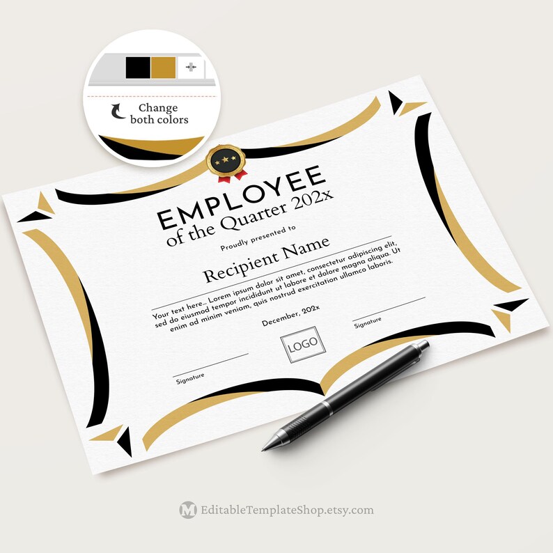 Editable Employee of the Quarter, Printable Employee Awards, Gift ...