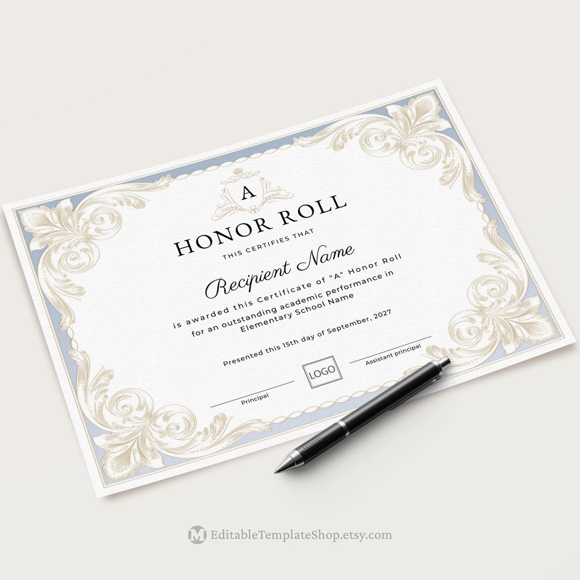 Editable Honor Roll Certificate Template, Elementary School Student ...