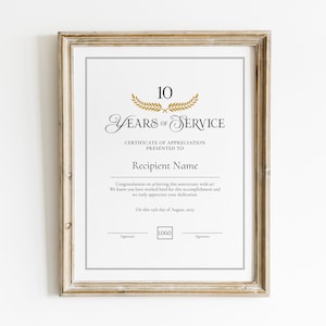 10 Years of Service Anniversary Award Certificate of Appreciation ...